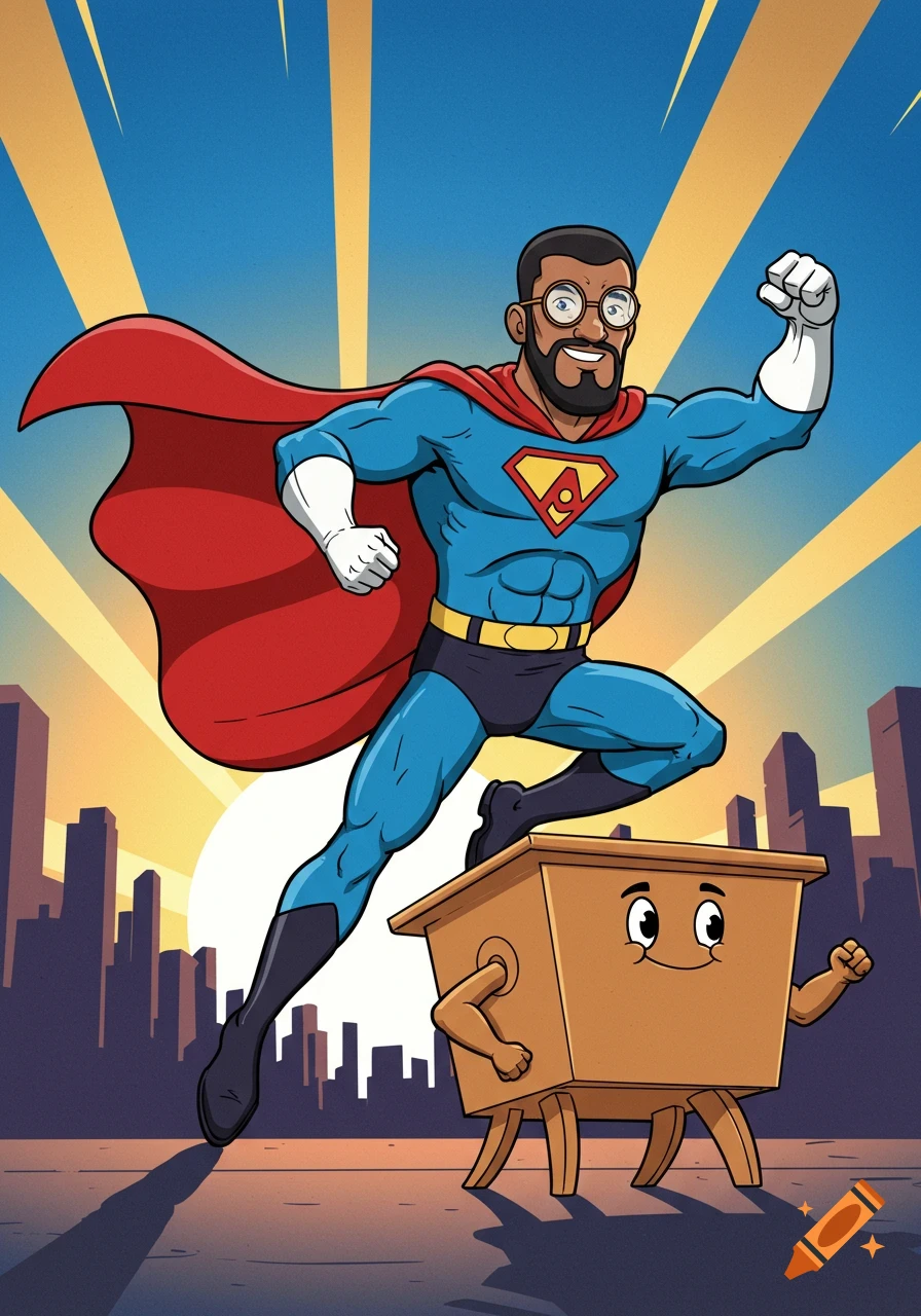 Cartoon superhero with glasses and beard leaping from a smiling walking ...