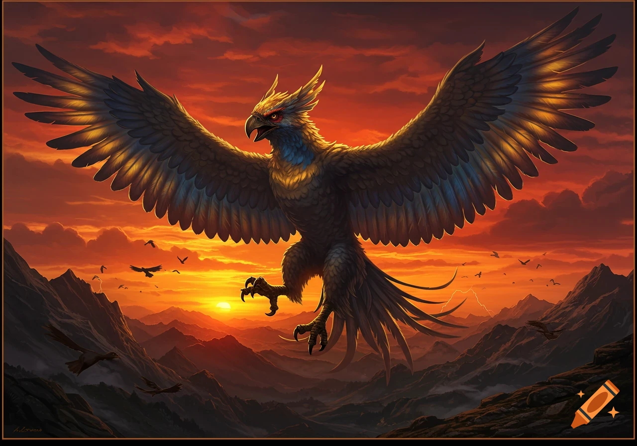 Large fantasy bird with a human face and a stinger tail flies over a ...