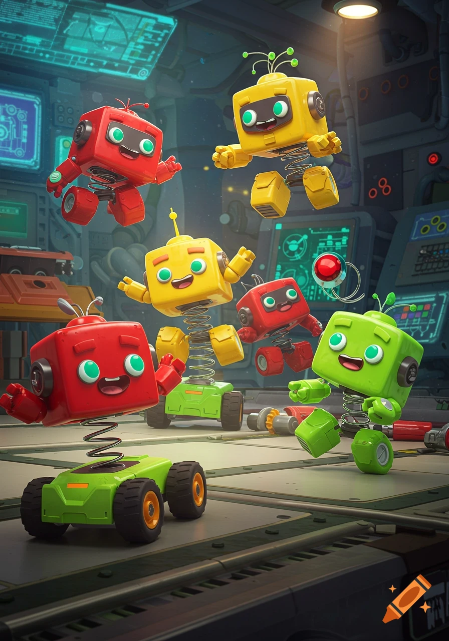 Playful red, yellow, and green block robots with spring legs bounce in ...