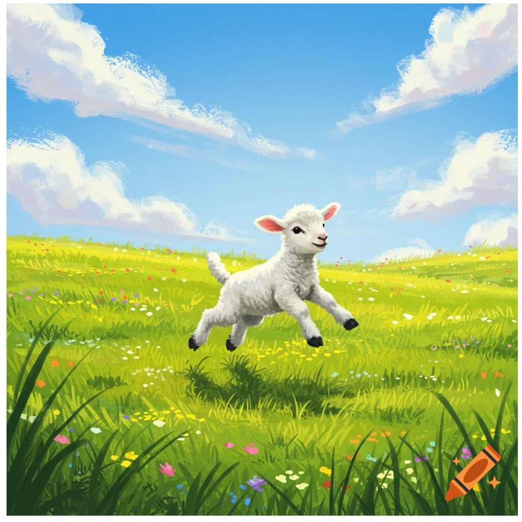 An animated baby white lamb with a black tail leaps through a vibrant ...