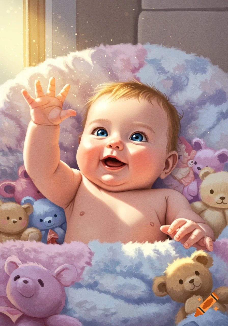 A smiling baby with blue eyes raises one hand, surrounded by colorful ...