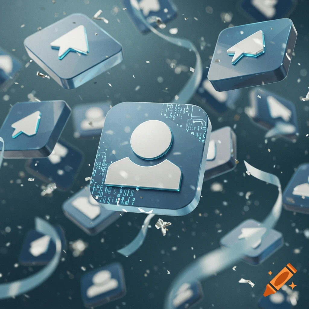 Floating 3D digital icons, including user profiles and cursors, with ...