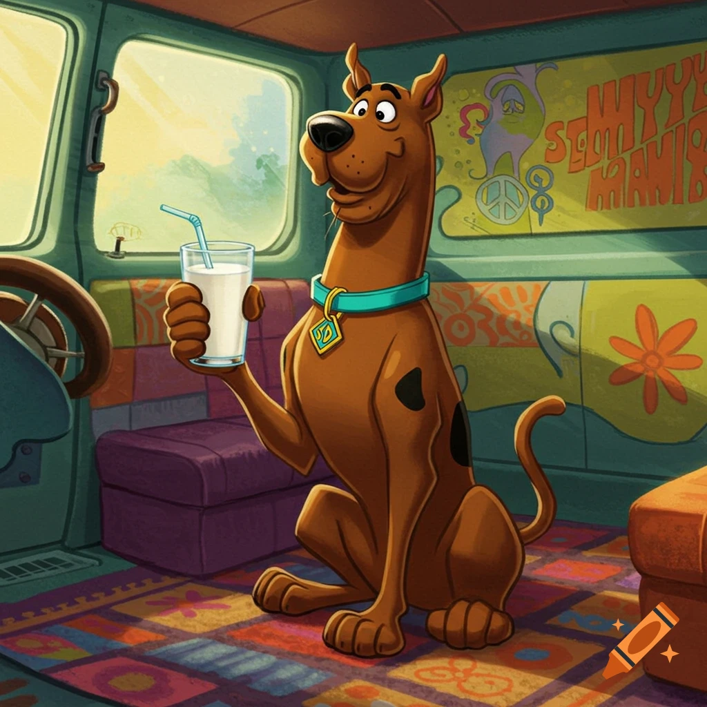 Scooby Doo, rendered in a 3D animated style, smiles widely behind a table piled with chocolate ...