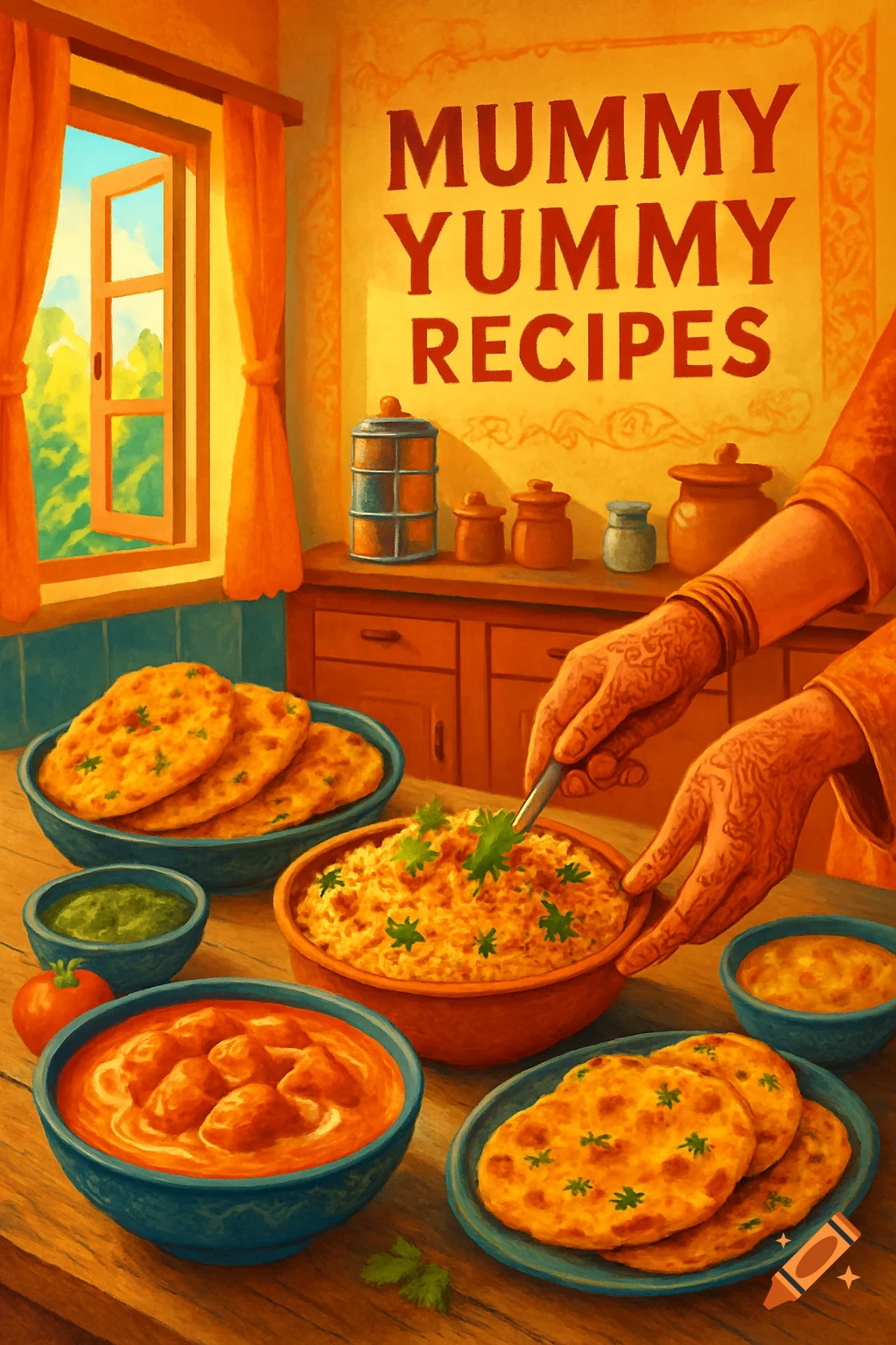 Illustrated spread of Indian food including tandoori chicken, biryani ...