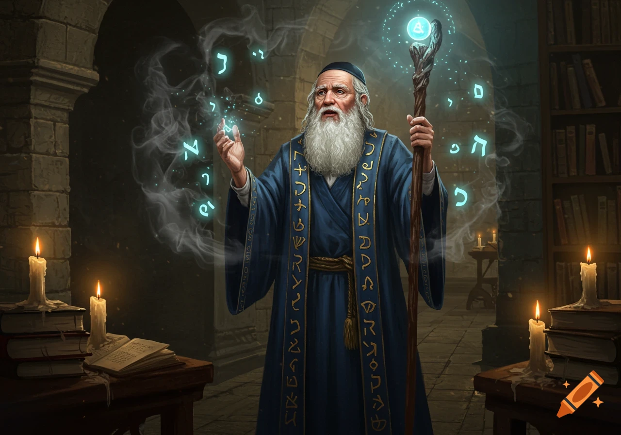 An old wizard with a long white beard and a blue robe stands holding an ...