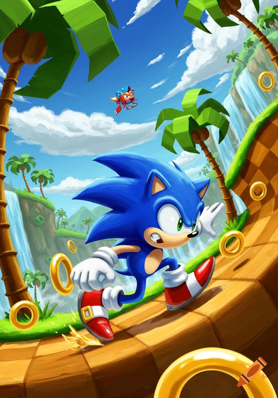 Cartoon Sonic the Hedgehog runs frantically on a checkered path, chased ...