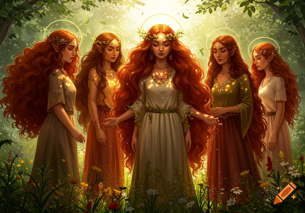 A group of women in flowing gowns gather in a vibrant wildflower meadow ...