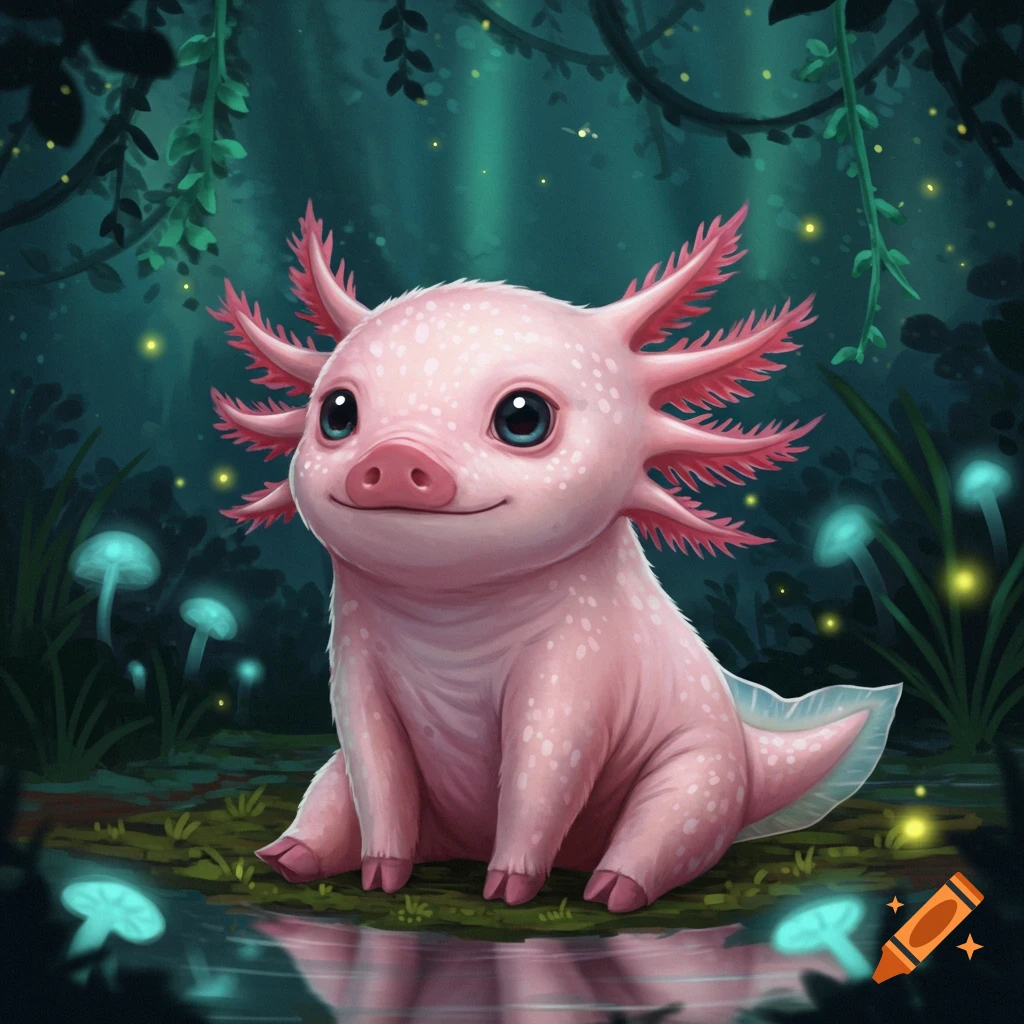 A cute pink pig-like axolotl creature with frilly gills sits in a ...