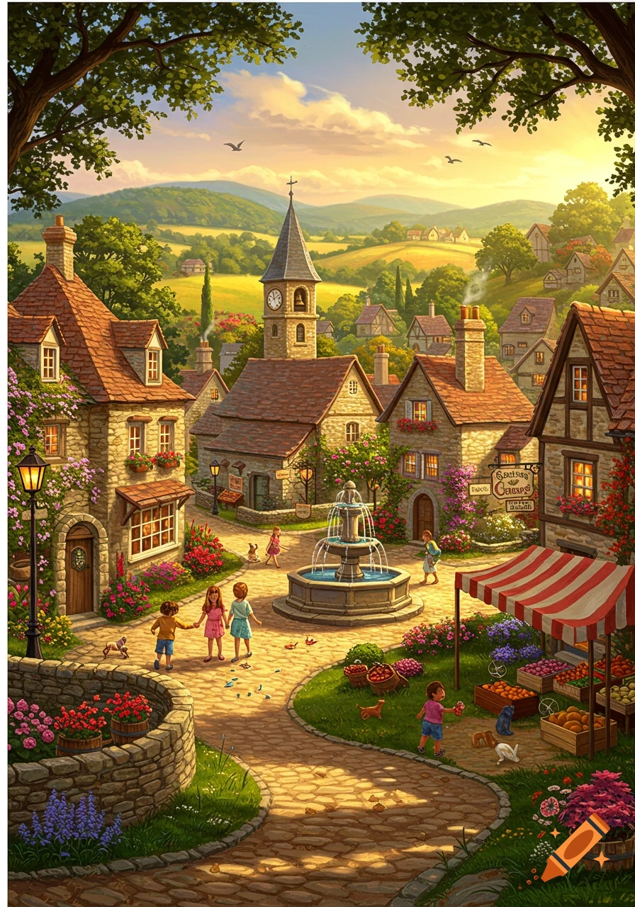 Illustration of an idyllic English village square with a fountain ...