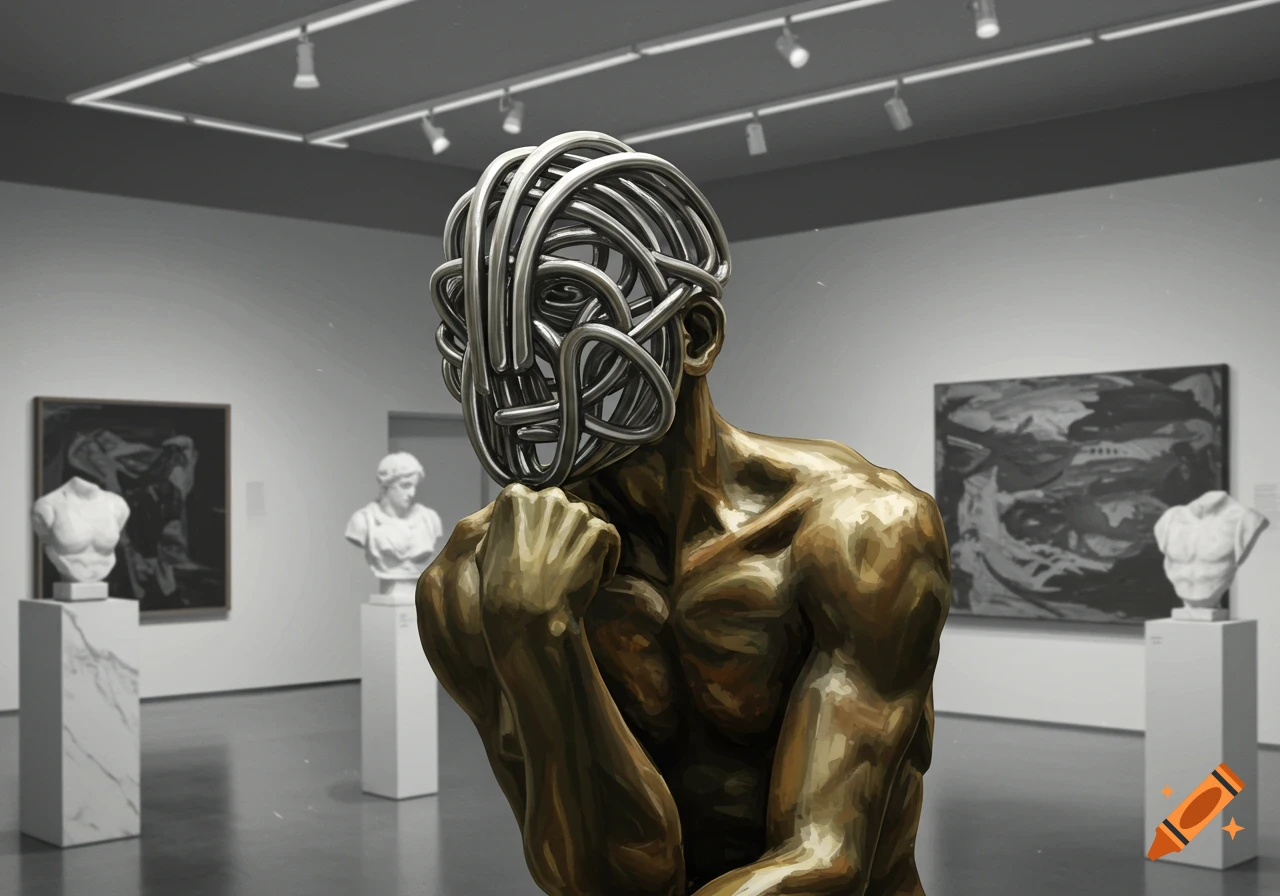 A bronze statue with a head made of intertwined metal wires, resembling ...