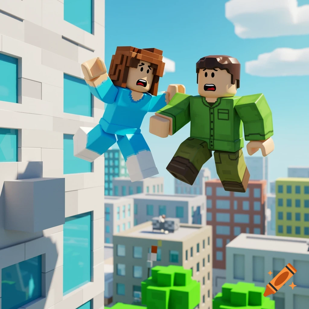 Two blocky Roblox characters, one in green and one in blue, appear to ...