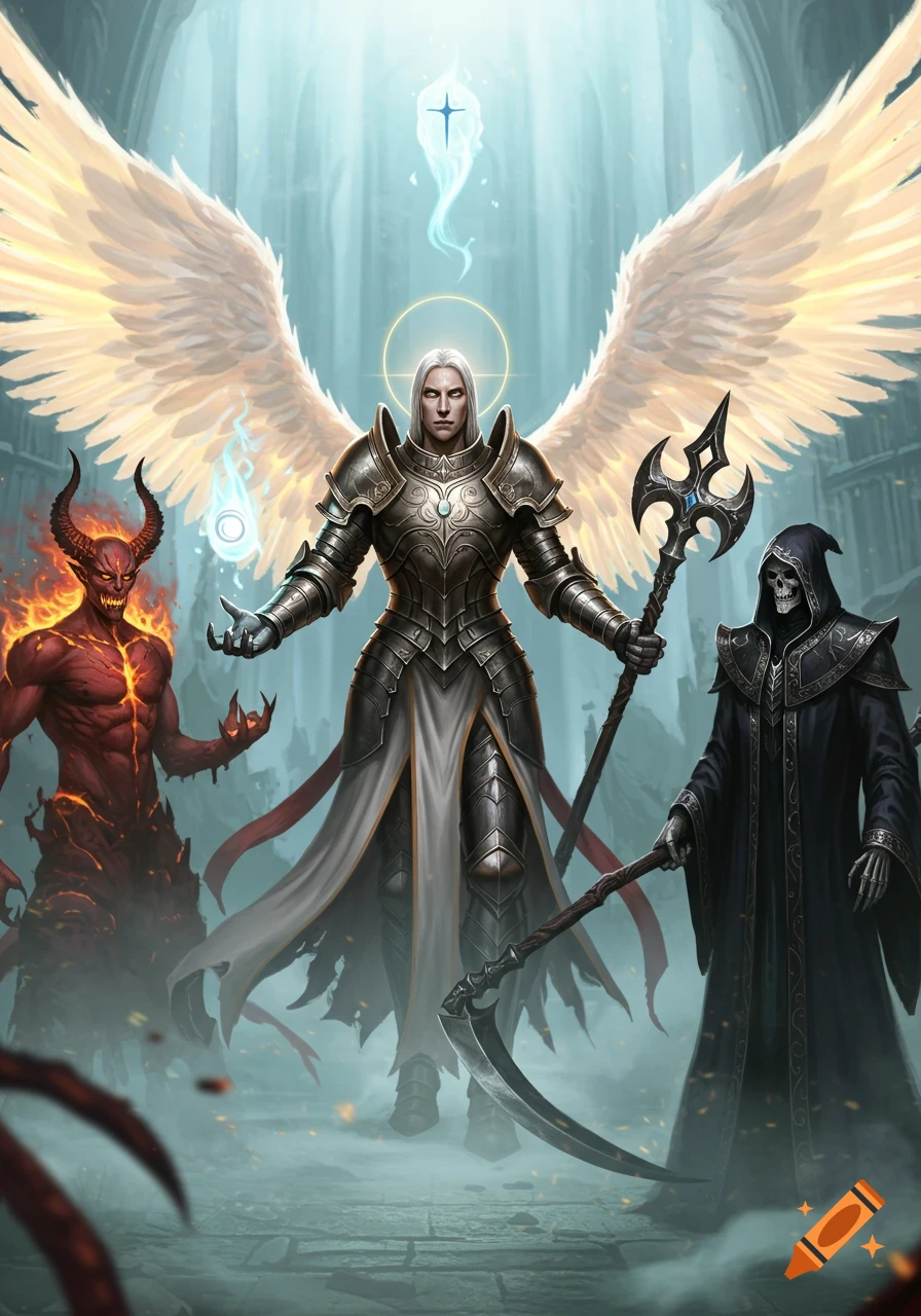 An armored female angel with golden wings sits on a gilded throne ...