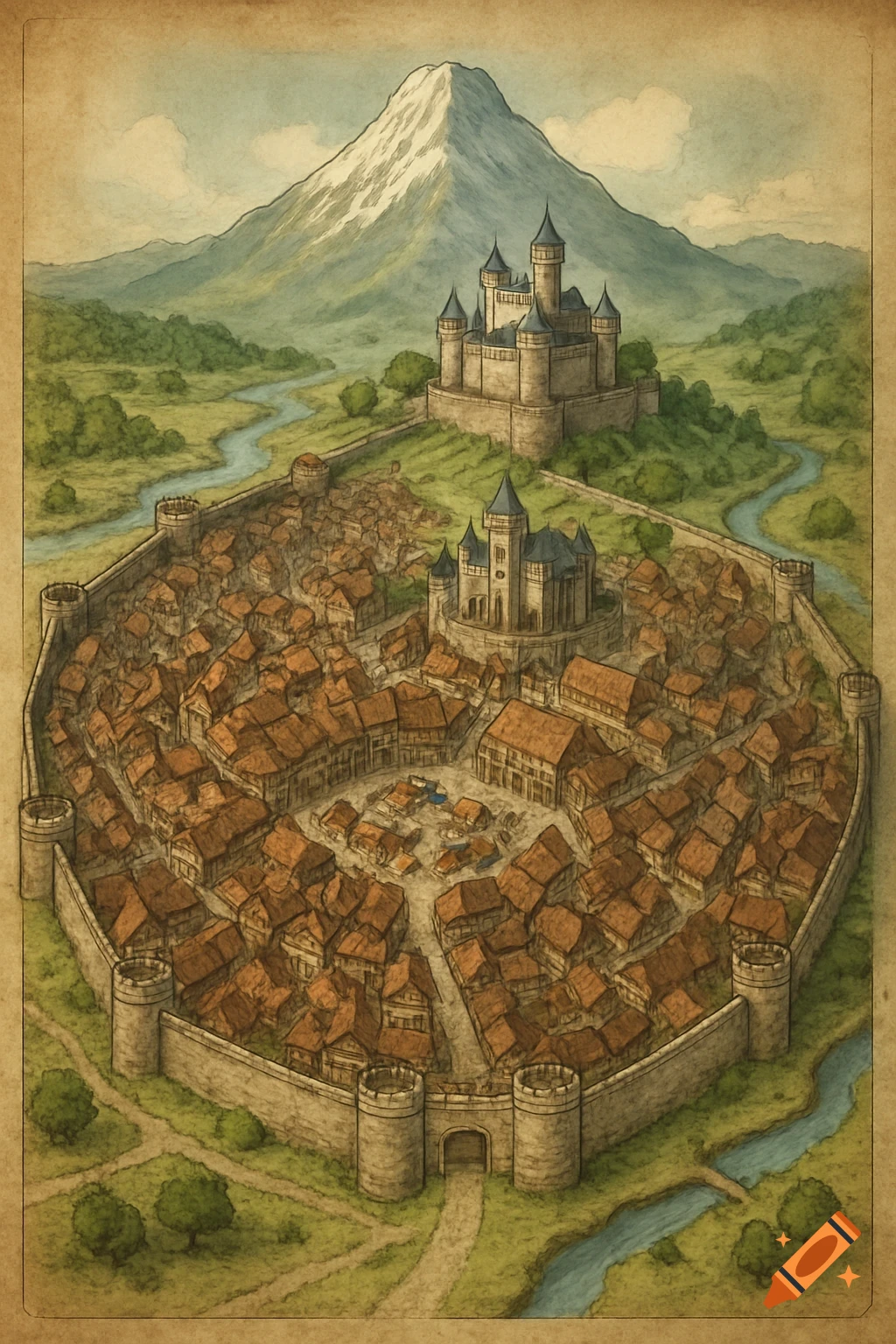 Overhead watercolor map of a walled medieval town and castle at the ...