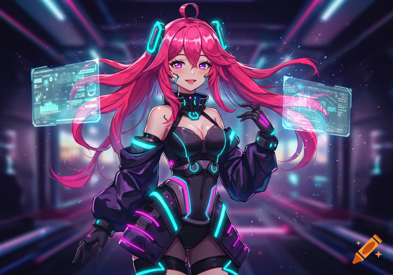 An anime girl with light purple hair and blue eyes stands in a dark ...