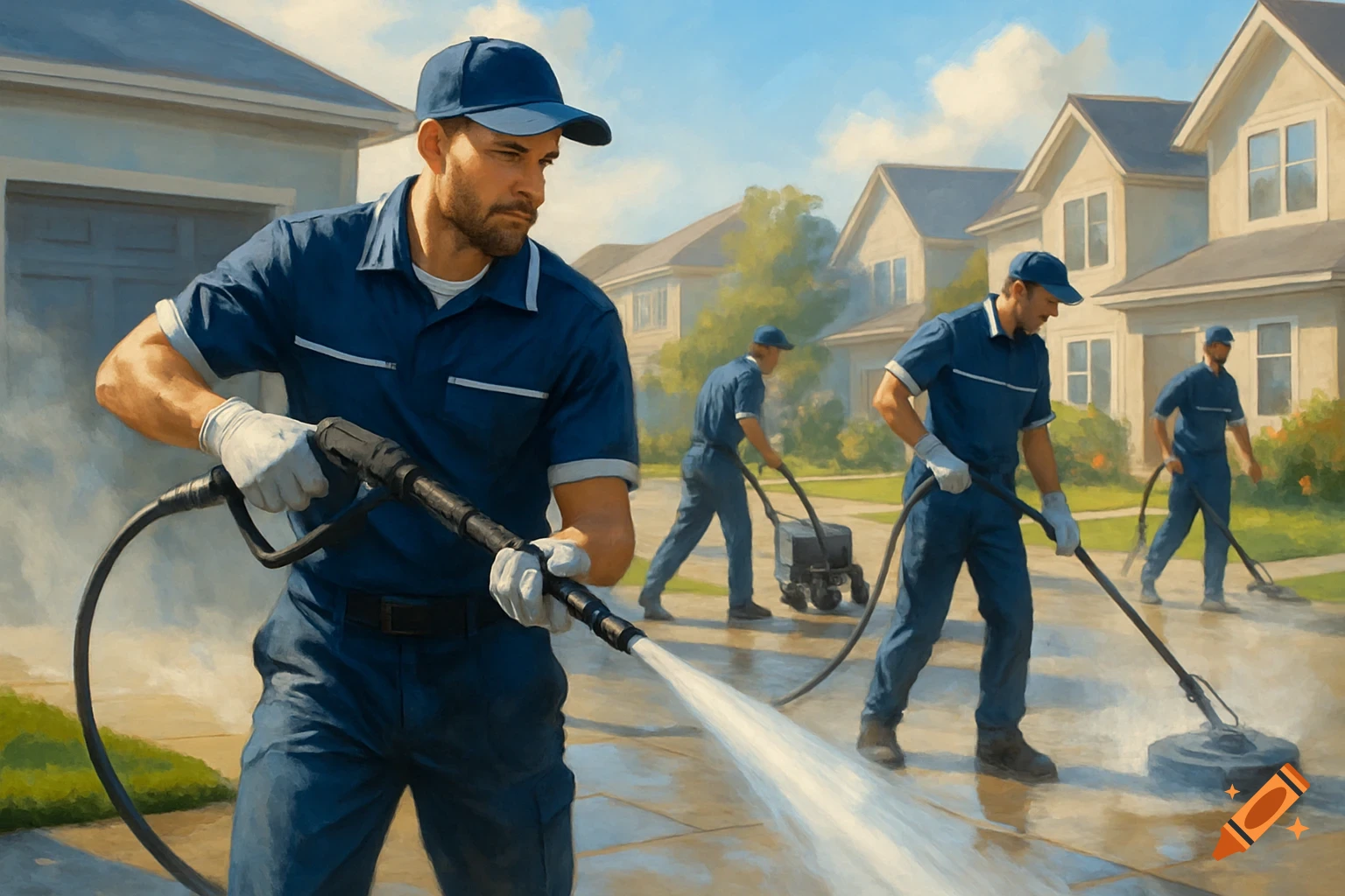 Men in blue uniforms power washing a residential driveway on a sunny ...