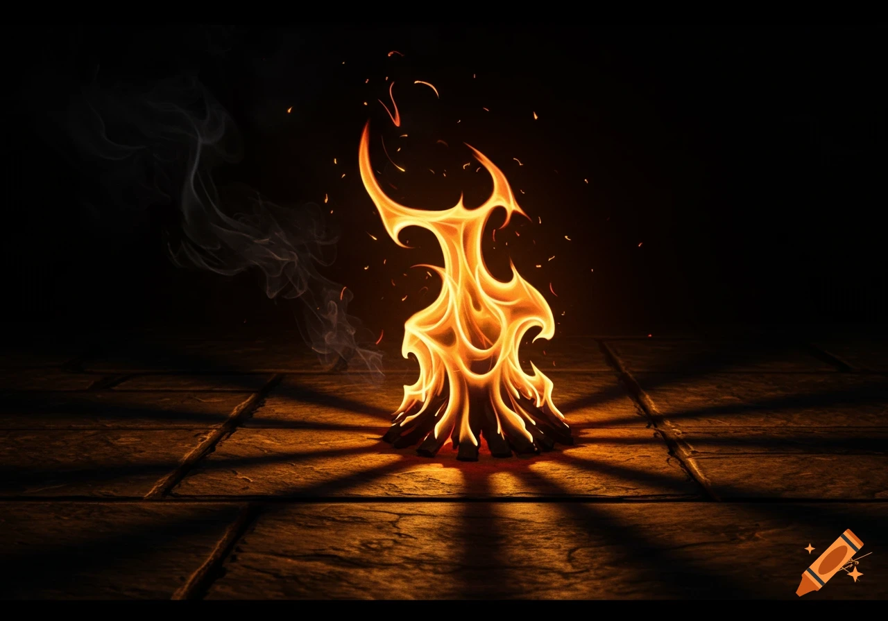 A stylized, glowing flame burns on a dark tiled floor, casting long ...