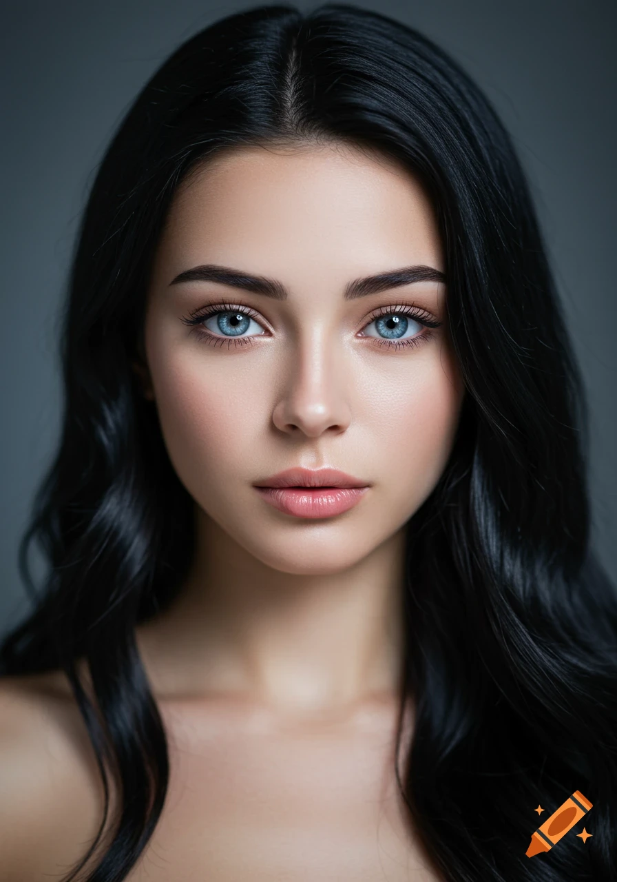 Photorealistic portrait of a beautiful woman with long dark curly hair ...