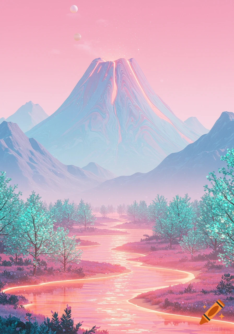 A vibrant fantasy landscape at dusk, featuring towering purple mountains, a bright waterfall, a ...