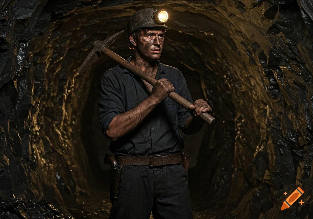 A dirt-covered male coal miner in a hard hat with a lamp holds a ...
