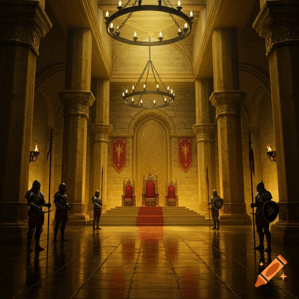 A dramatic scene in a dark, medieval throne room with a fallen knight ...