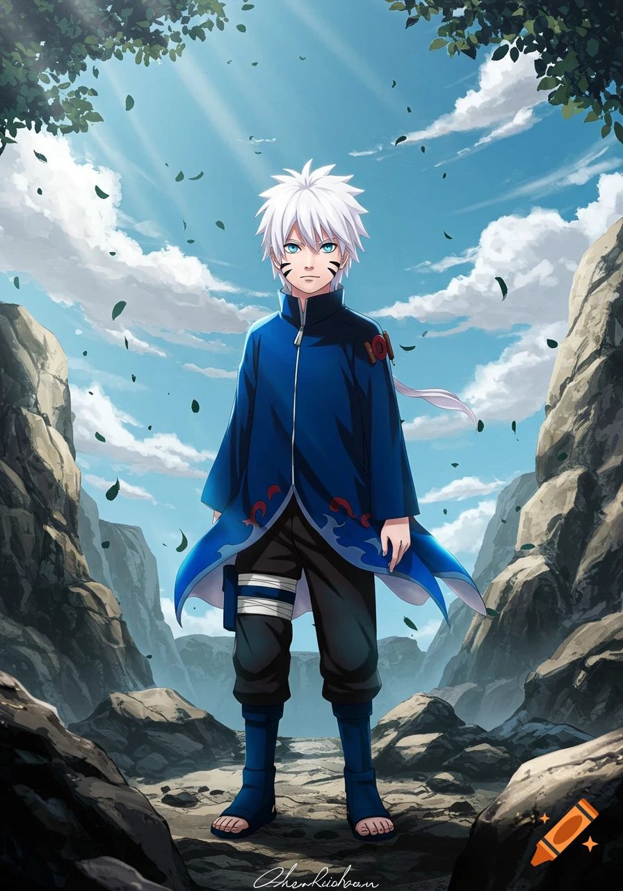 A white-haired anime boy with blue eyes wearing a blue robe stands in a ...