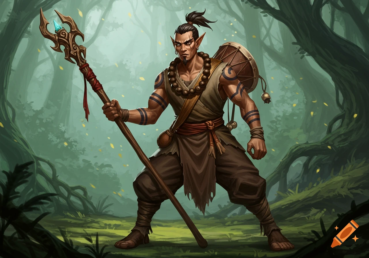 A fierce wood elf monk with tribal tattoos stands in a lush forest ...