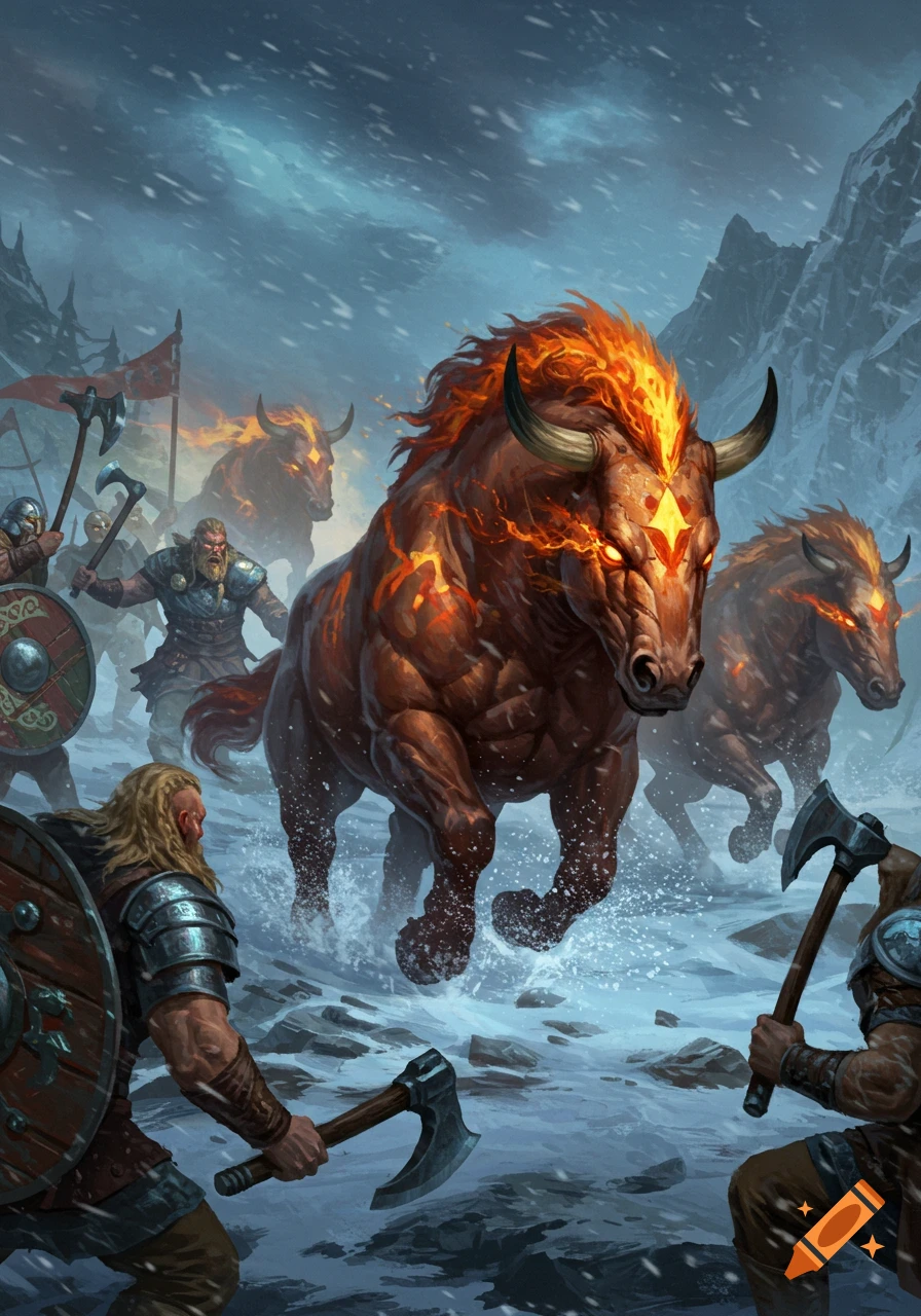 Fantasy art of Vikings battling large, fiery, bull-like creatures in a ...