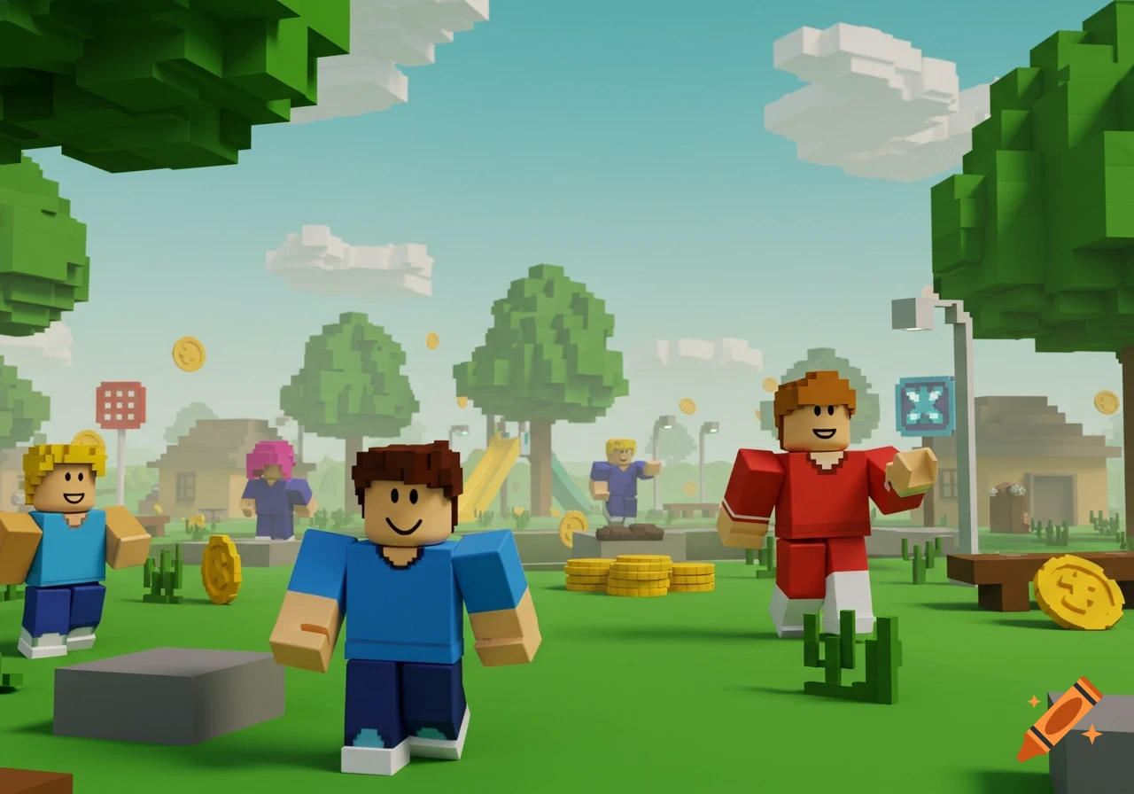 A smiling Roblox Noob character stands in a vibrant, blocky video game ...