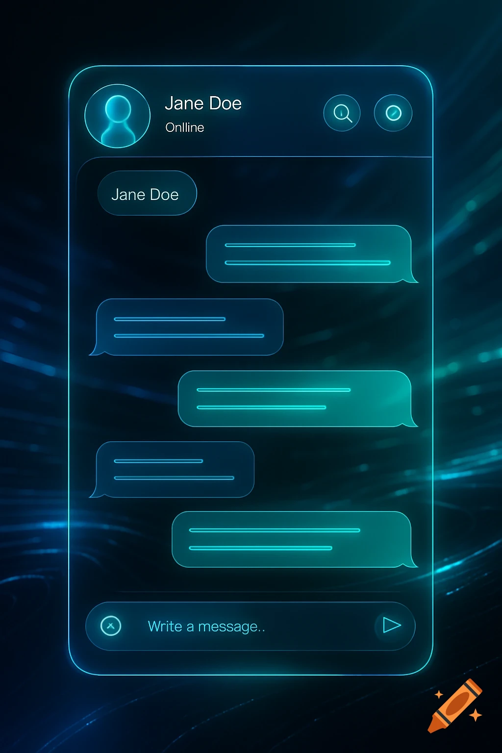 A glowing blue futuristic messenger app interface displaying a chat screen with message bubbles ...