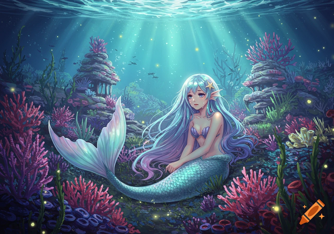 A pink-haired male merman with a ruffled pink betta fish tail holds ...