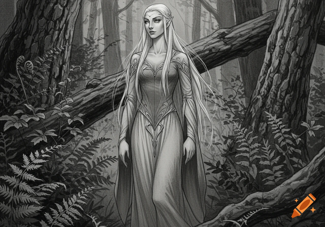 Black and white sketch of a female elf with long hair and a long dress ...