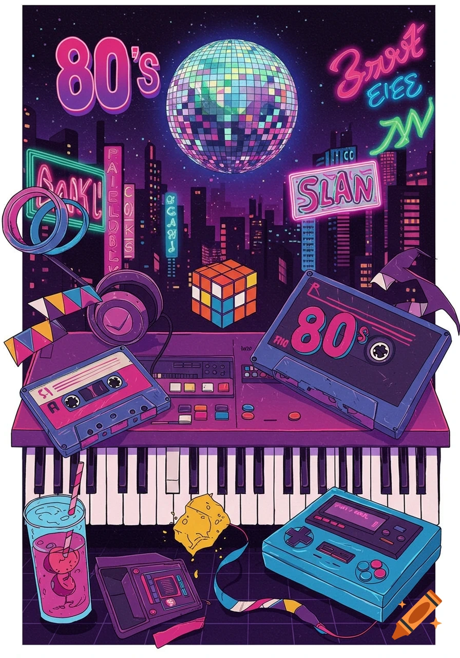 A vibrant retro illustration of 80s elements, including a large disco ...
