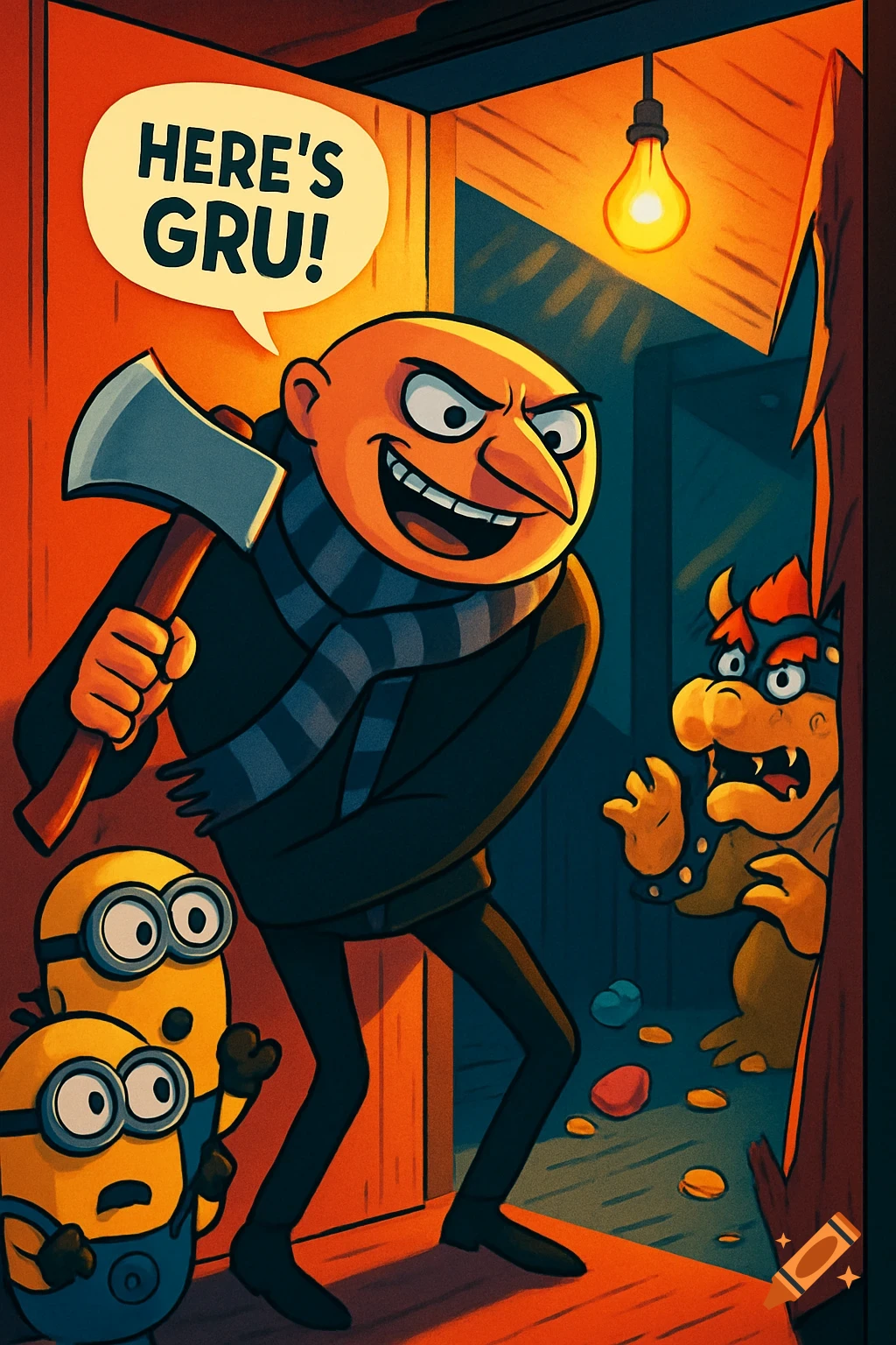 A black cartoon creature with large white eyes stands in a dark room ...