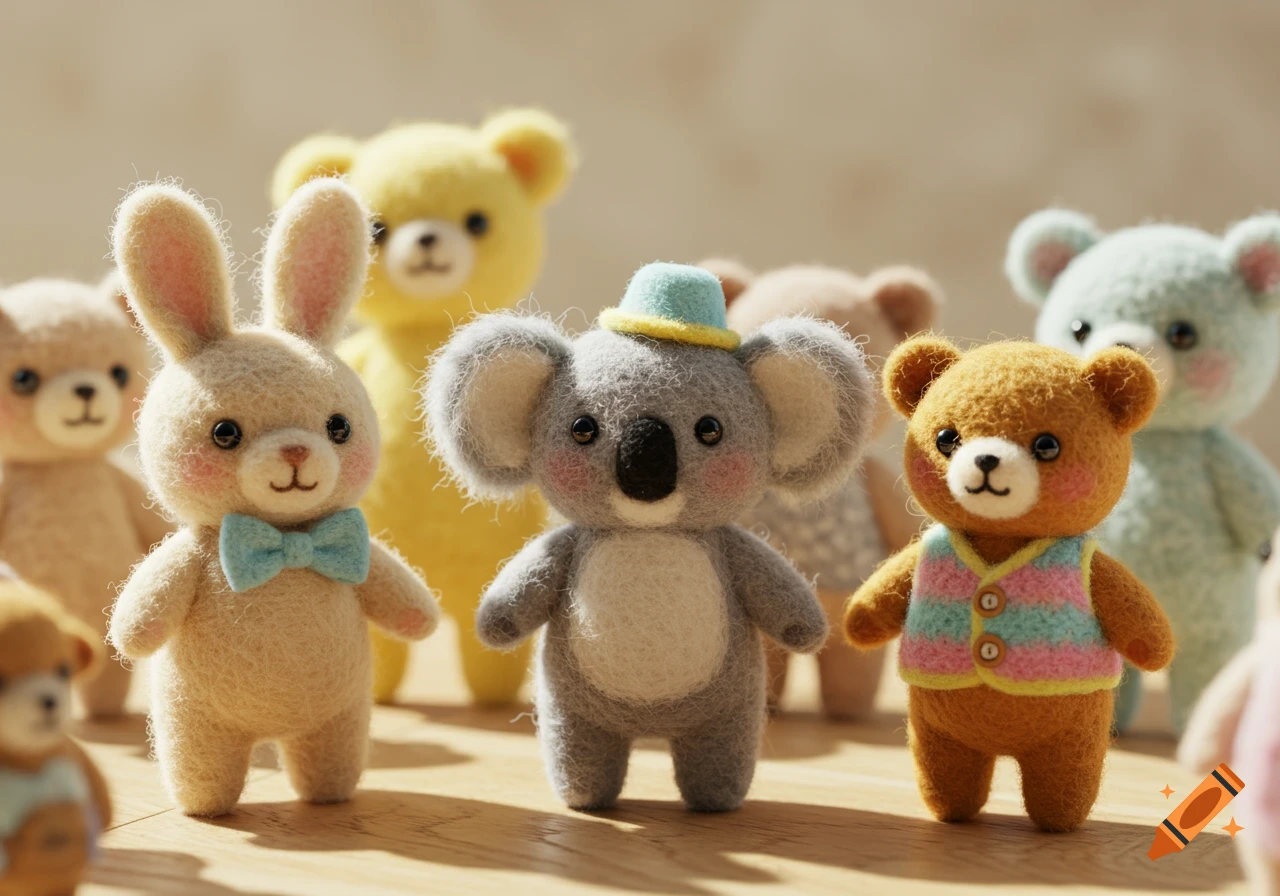 A group of cute felted wool animals, including a rabbit, koala, and ...