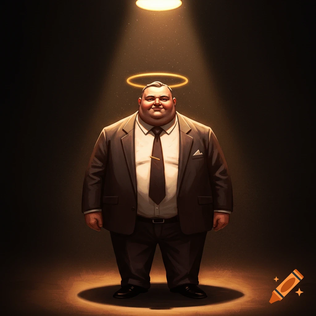 A stylized illustration of a smiling, portly man in a suit with a halo ...