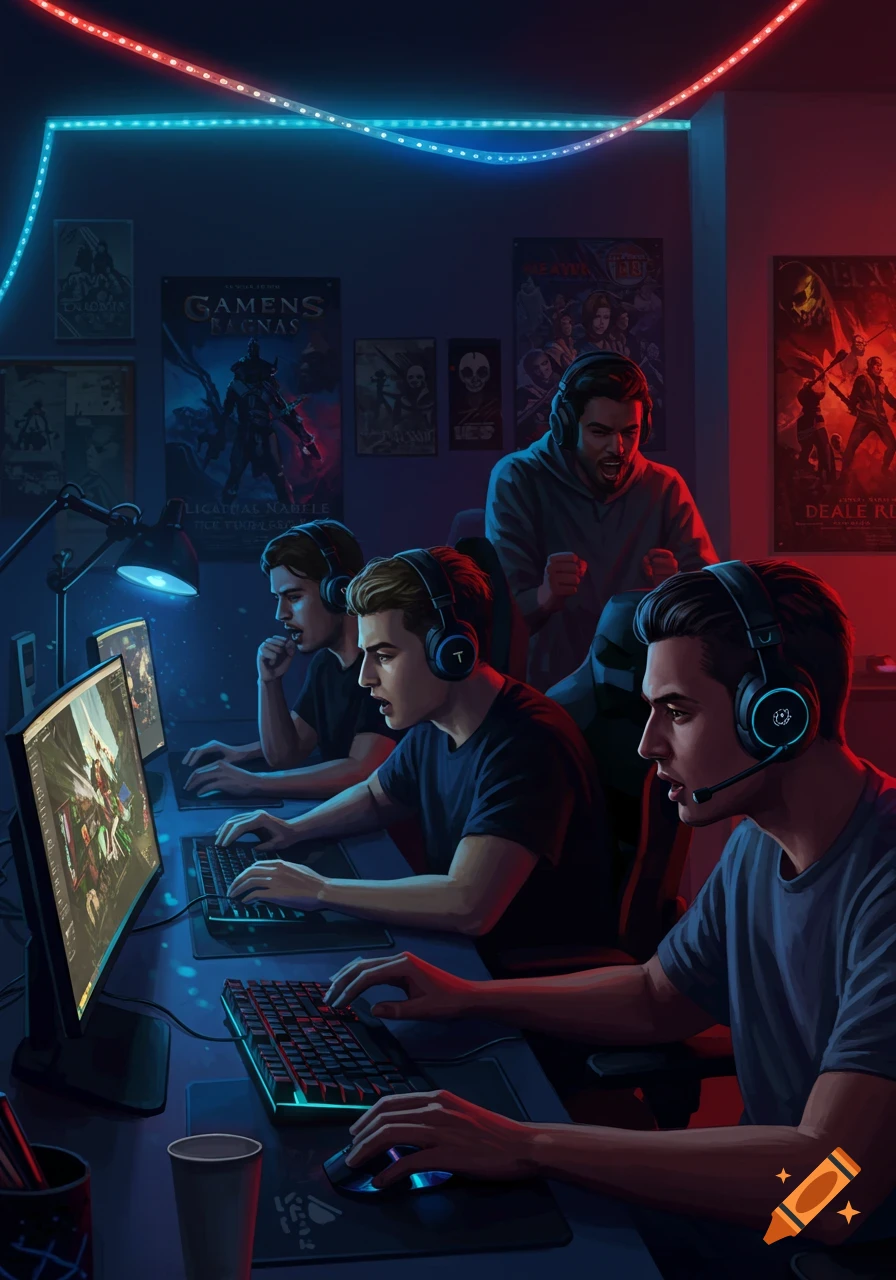 Five diverse shirtless men enthusiastically play video games in a dimly ...