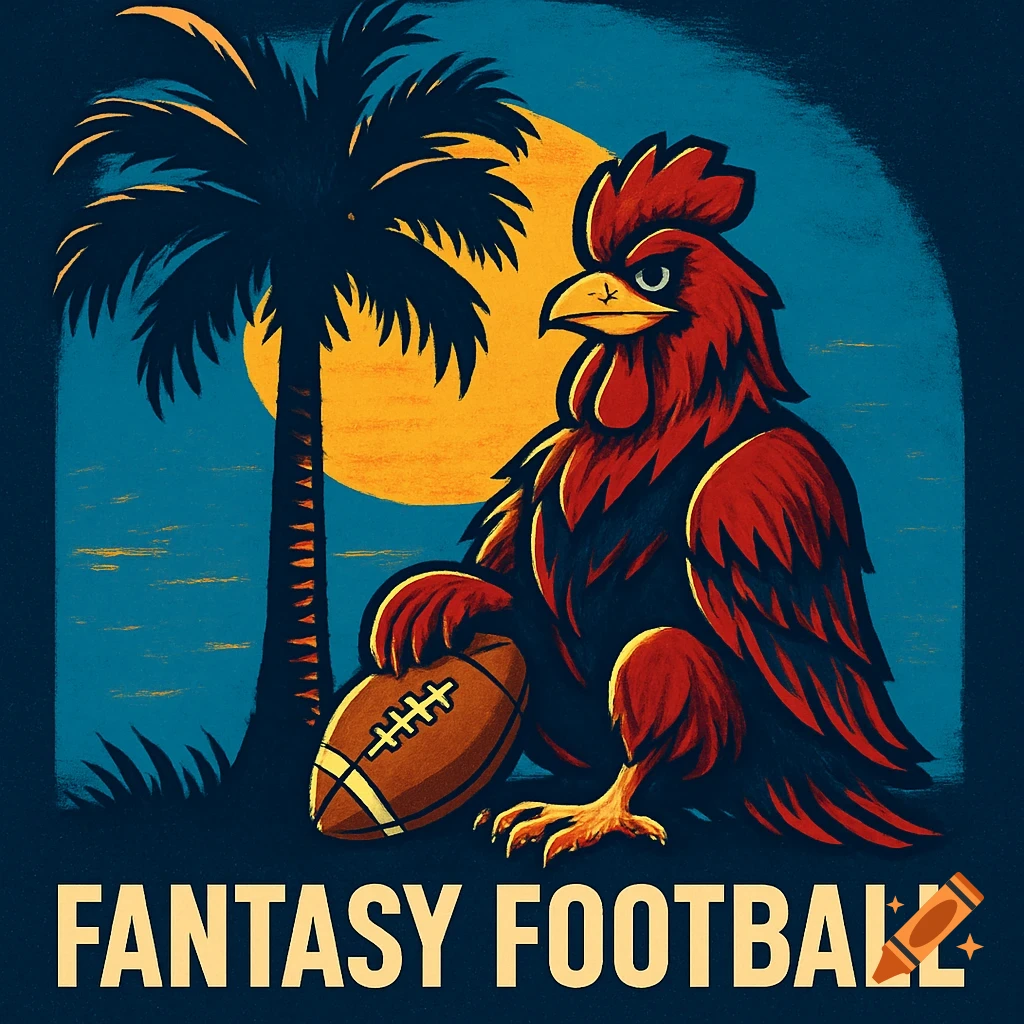 A graphic illustration depicts a red rooster mascot holding a football ...