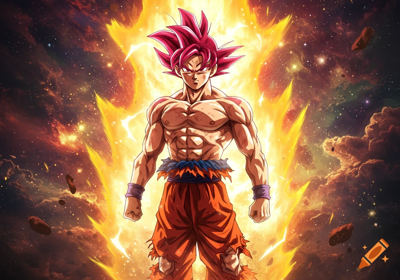 Goku, shirtless and muscular, levitates in a rocky, sunset landscape ...