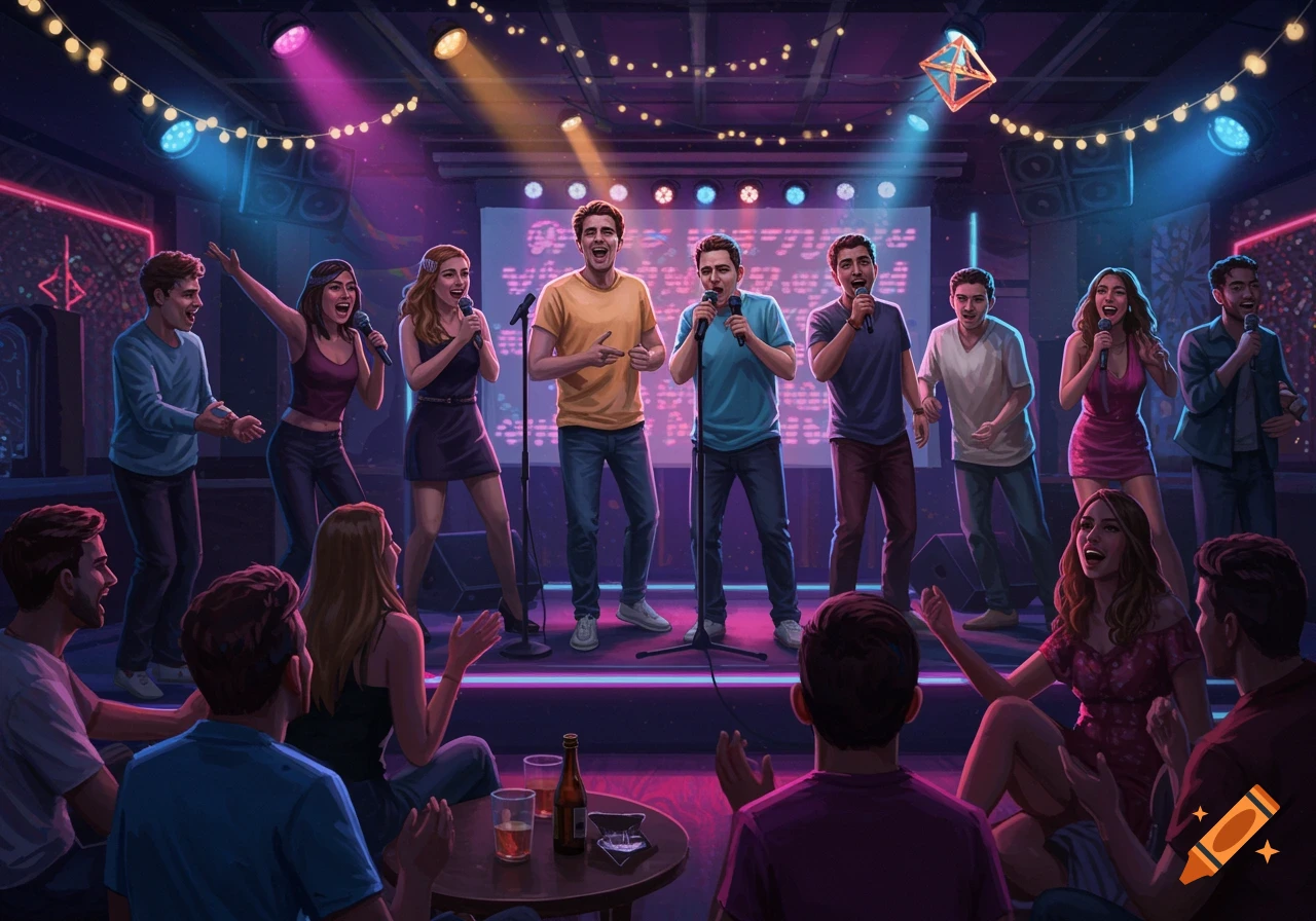 A lively group of people singing karaoke on a brightly lit stage in a ...