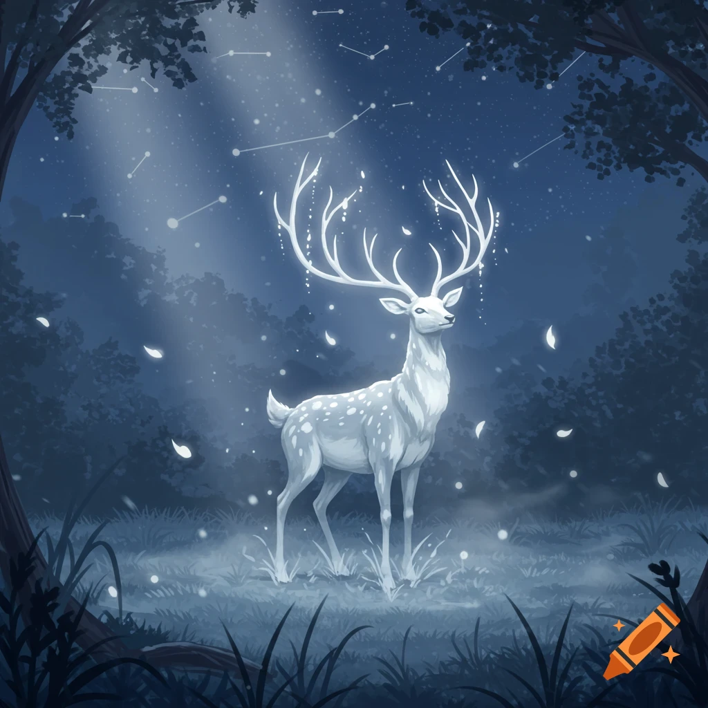 A dark, stylized deer with glowing golden antlers stands in a misty ...