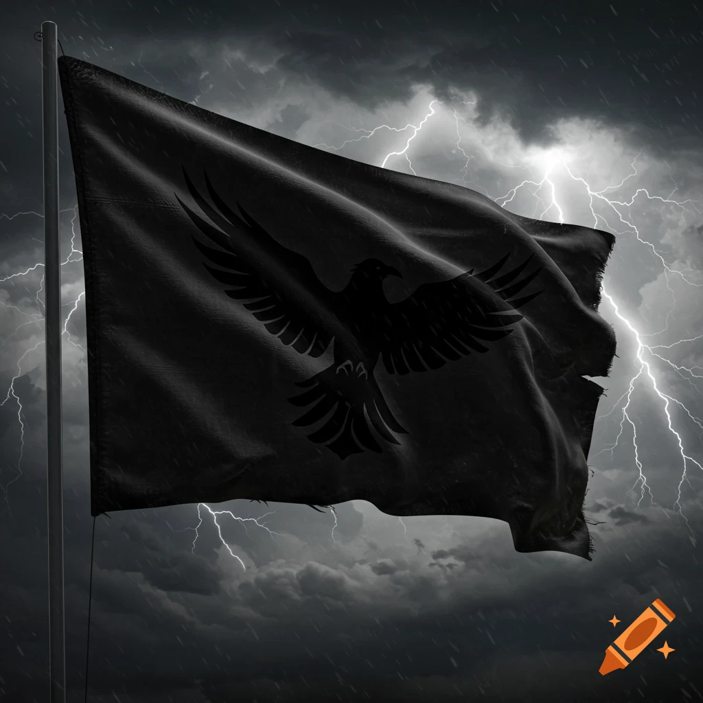 A dark flag with a raven emblem waves under a stormy sky with bright ...