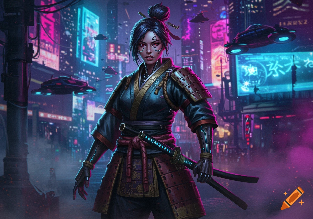 A female samurai with cyberware stands in a vibrant neon cyberpunk city ...