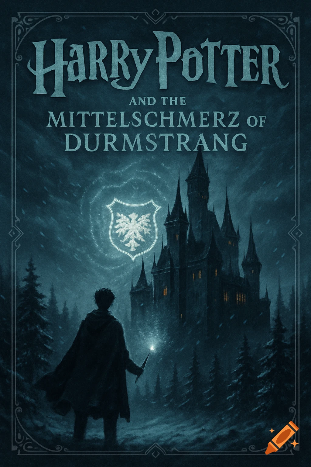 Dark, snowy book cover showing a cloaked figure with a wand facing a ...