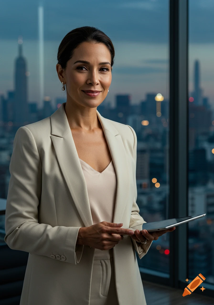A smiling Asian business woman in a dark suit stands with crossed arms ...