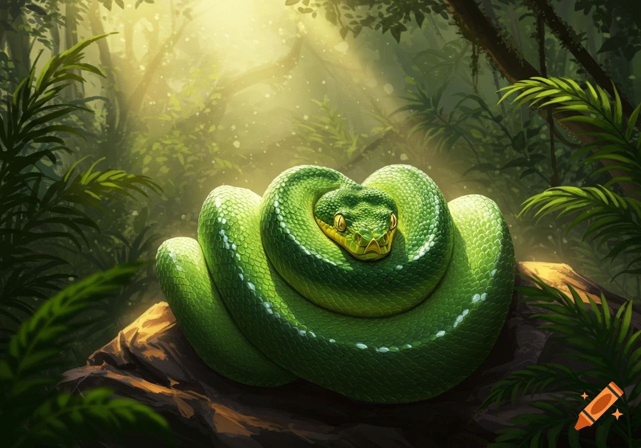 A vibrant green tree python coiled on a mossy branch in a jungle. on ...