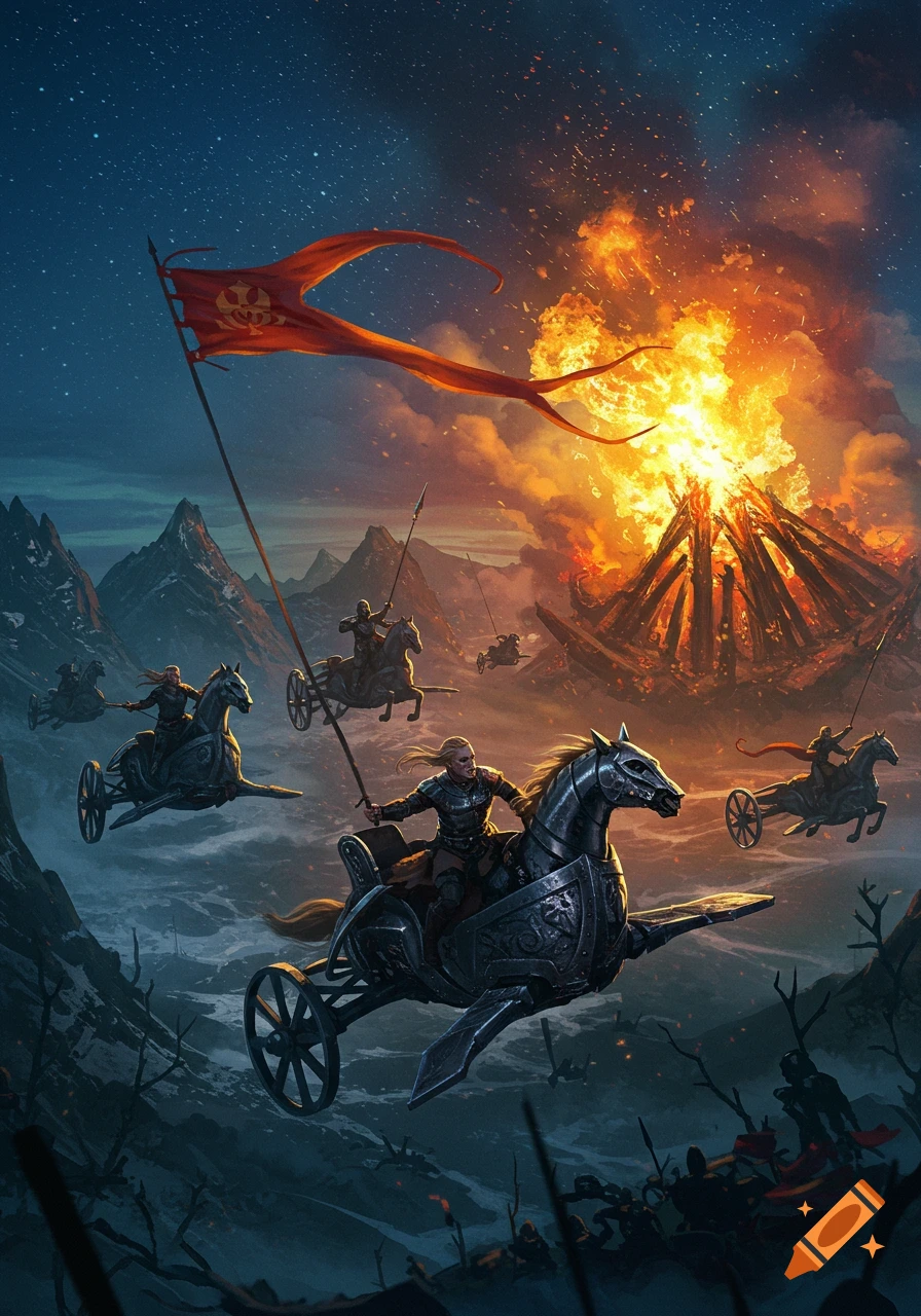 Warriors on armored flying chariots charge across a mountain landscape ...