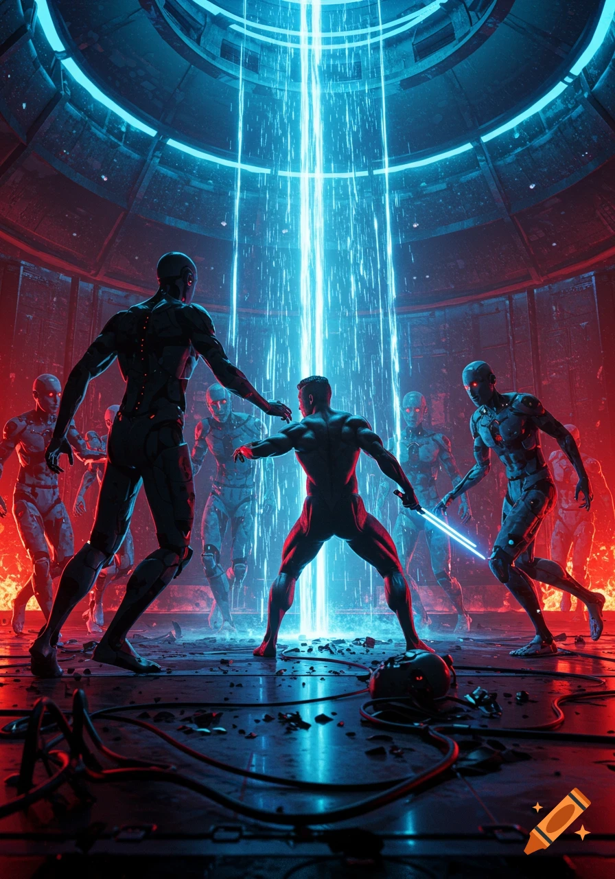 A muscular man fights multiple robots with a glowing sword in a ...