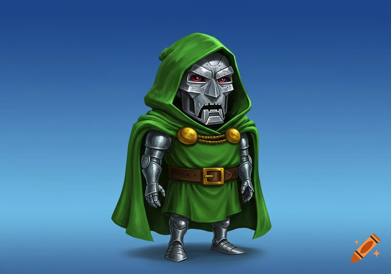 Doctor Doom in his green hooded cloak and metallic armor stands against ...