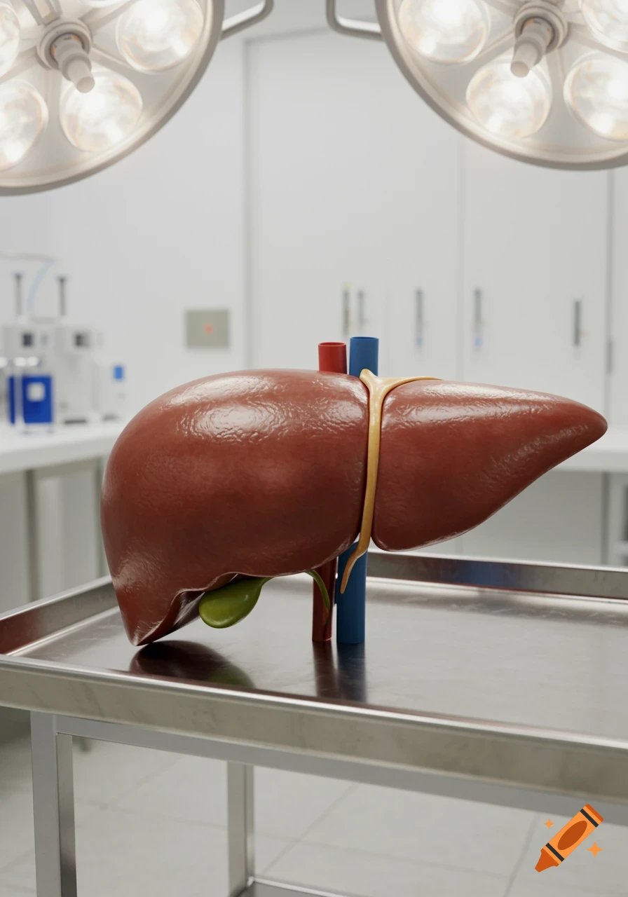 Photorealistic 3D model of a human liver on a surgical tray in a ...