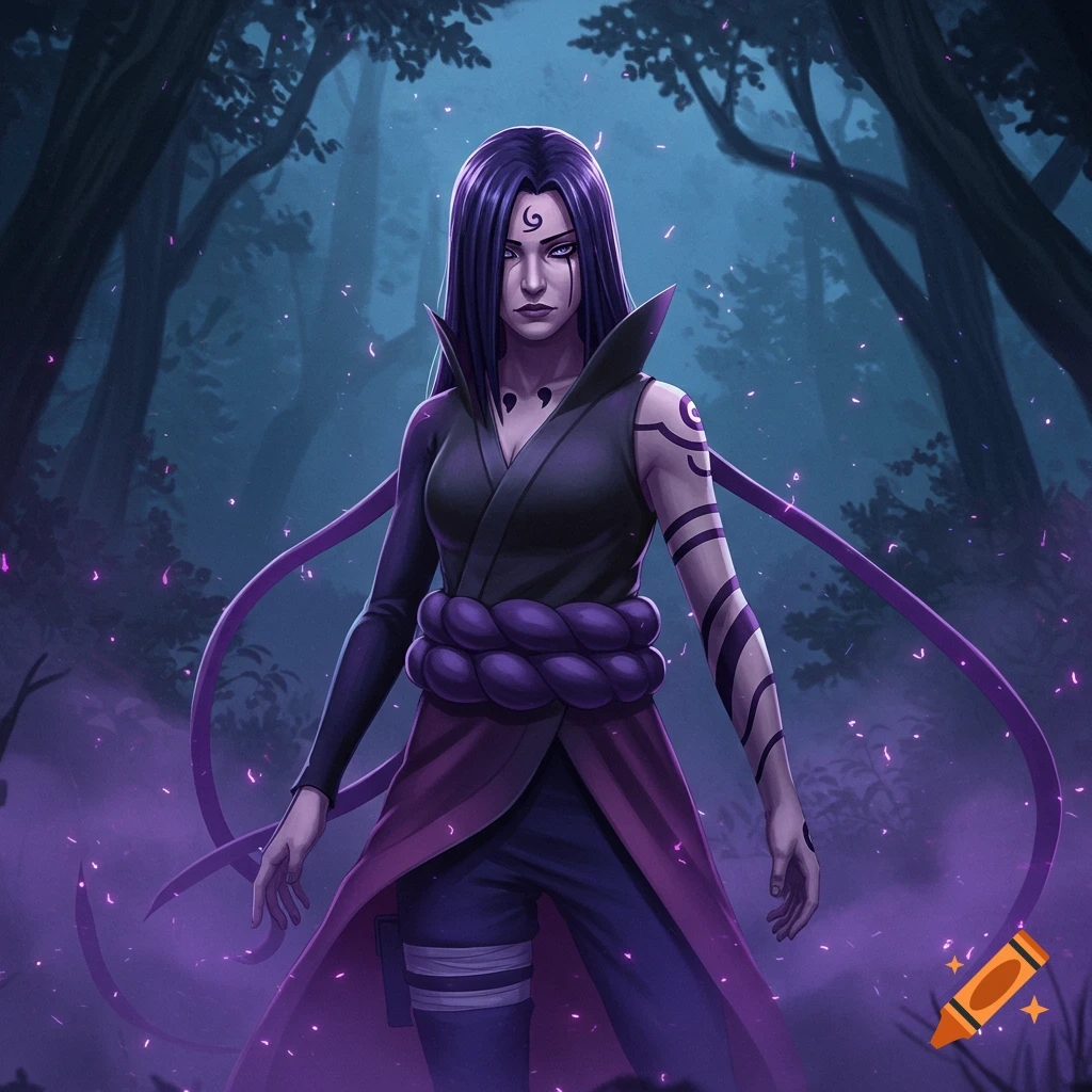 A serious female character with long purple hair and black markings ...
